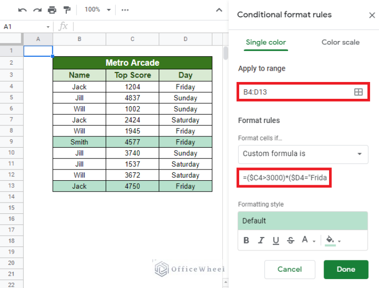 Conditional Formatting with Multiple Conditions Using Custom Formulas in Google Sheets - OfficeWheel