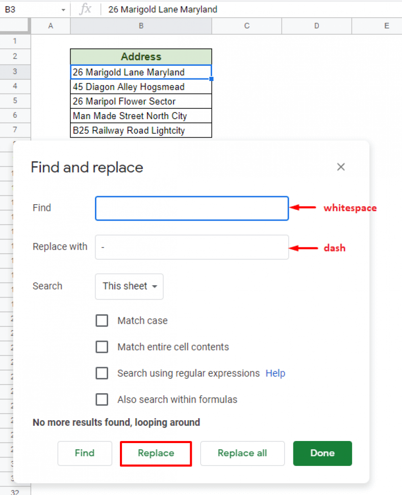 Replace Space with Dash in Google Sheets (2 Ways) - OfficeWheel Replace Space with Dash in Google Sheets (2 Ways) - OfficeWheel
