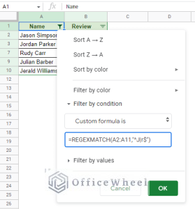 Applying Filter with REGEXMATCH Function in Google Sheets (Easy Examples)
