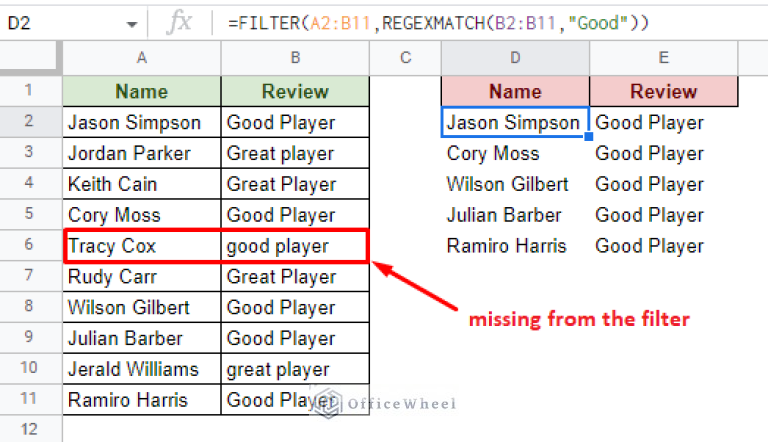 Applying Filter with REGEXMATCH Function in Google Sheets (Easy Examples)