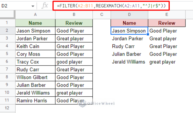 Applying Filter with REGEXMATCH Function in Google Sheets (Easy Examples)