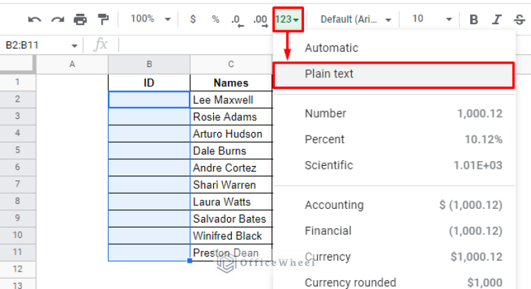 Format Cell as Text in Google Sheets (3 Simple Scenarios) - OfficeWheel