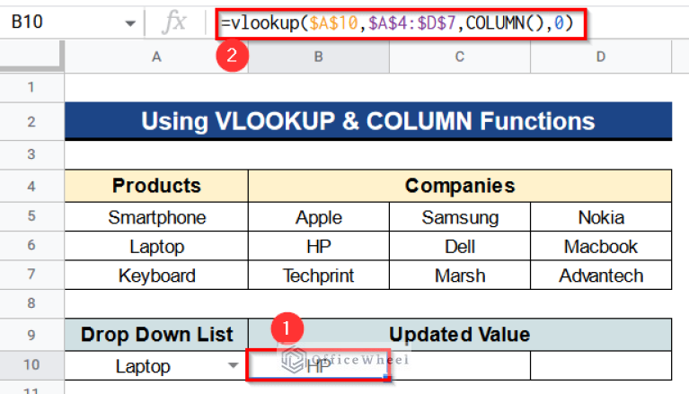 Updating Cell Values Based on Selection in Drop Down List in Google Spreadsheet