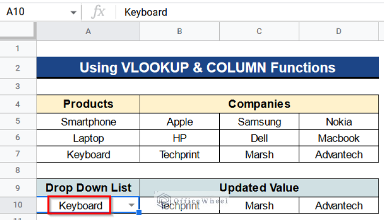 Updating Cell Values Based on Selection in Drop Down List in Google Spreadsheet