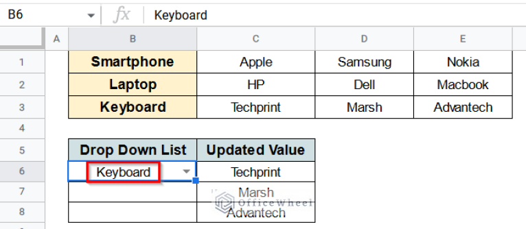 Updating Cell Values Based on Selection in Drop Down List in Google Spreadsheet