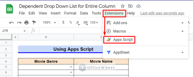 Dependent Drop Down List for Entire Column in Google Sheets
