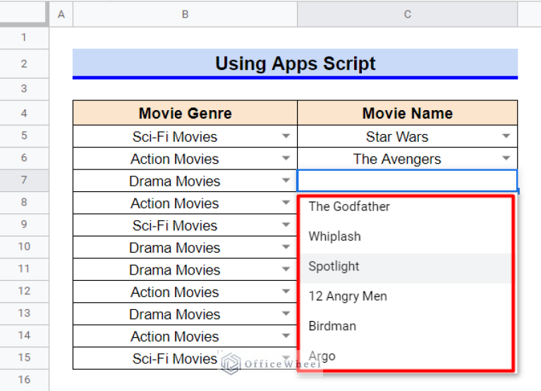 Dependent Drop Down List for Entire Column in Google Sheets