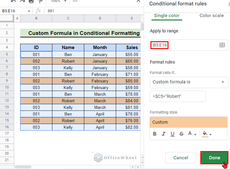 Highlight Row If Cell Contains Text with Conditional Formatting in Google Sheets