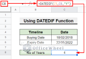 Calculate Number of Years Between Two Dates in Google Sheets