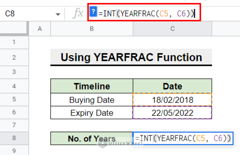 Calculate Number of Years Between Two Dates in Google Sheets
