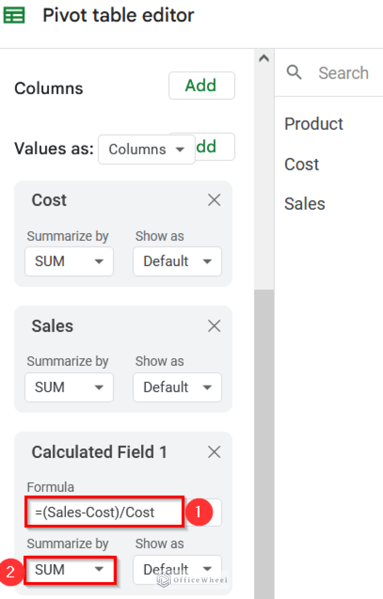 Find Difference Between Two Columns in Calculated Field of Google Sheets Pivot Table