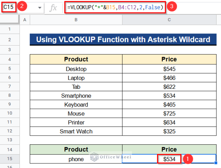 How to Use VLOOKUP Function with Wildcard in Google Sheets