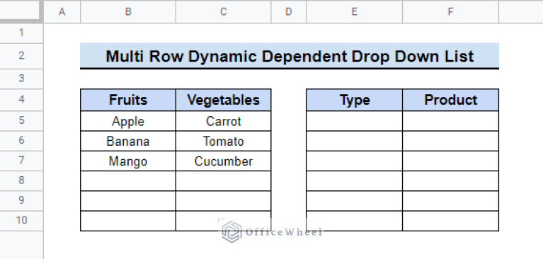 Multi Row Dynamic Dependent Drop Down List in Google Sheets