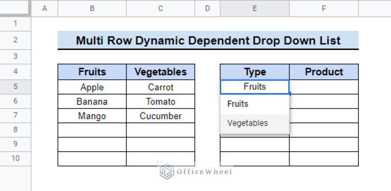 Multi Row Dynamic Dependent Drop Down List in Google Sheets