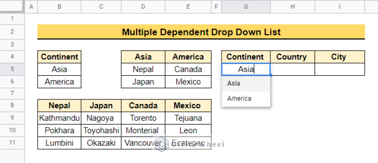 Create Multiple Dependent Drop Down List in Google Sheets