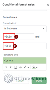 Conditional Formatting Between Two Values in Google Sheets