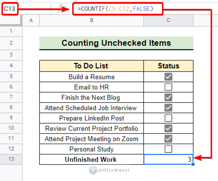Use COUNTIF Function to Count Checkbox in Google Sheets