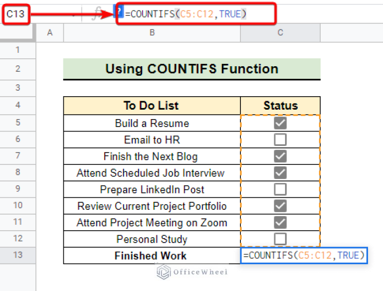 Use COUNTIF Function to Count Checkbox in Google Sheets