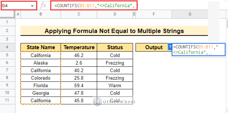 COUNTIF Function with "Not Equal to" Criterion in Google Sheets