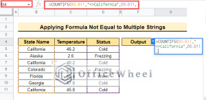 COUNTIF Function with "Not Equal to" Criterion in Google Sheets