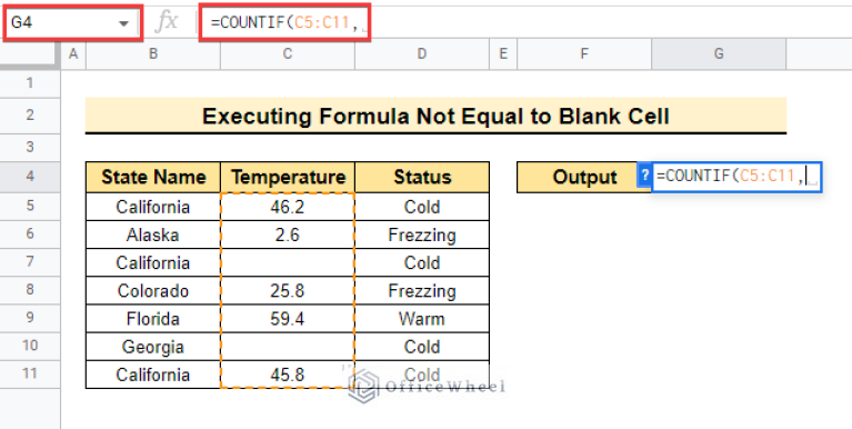 COUNTIF Function with "Not Equal to" Criterion in Google Sheets