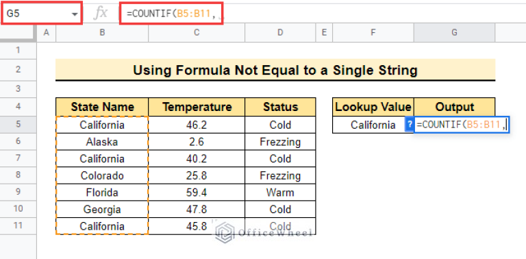 COUNTIF Function with "Not Equal to" Criterion in Google Sheets