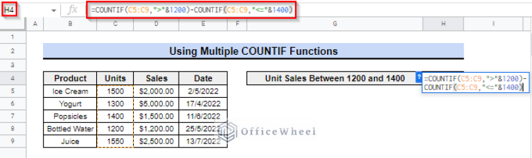 COUNTIF with Greater than and Less than Criteria in Google Sheets