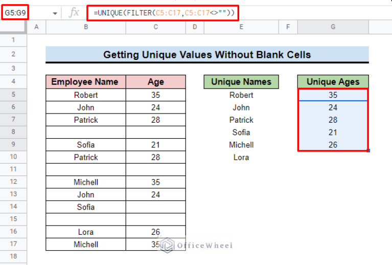 How to Get Unique Values Without Blanks in Google Sheets