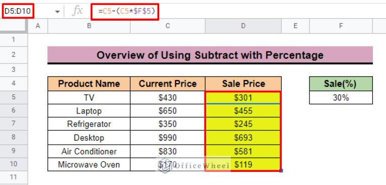 How to Subtract a Percentage in Google Sheets - OfficeWheel